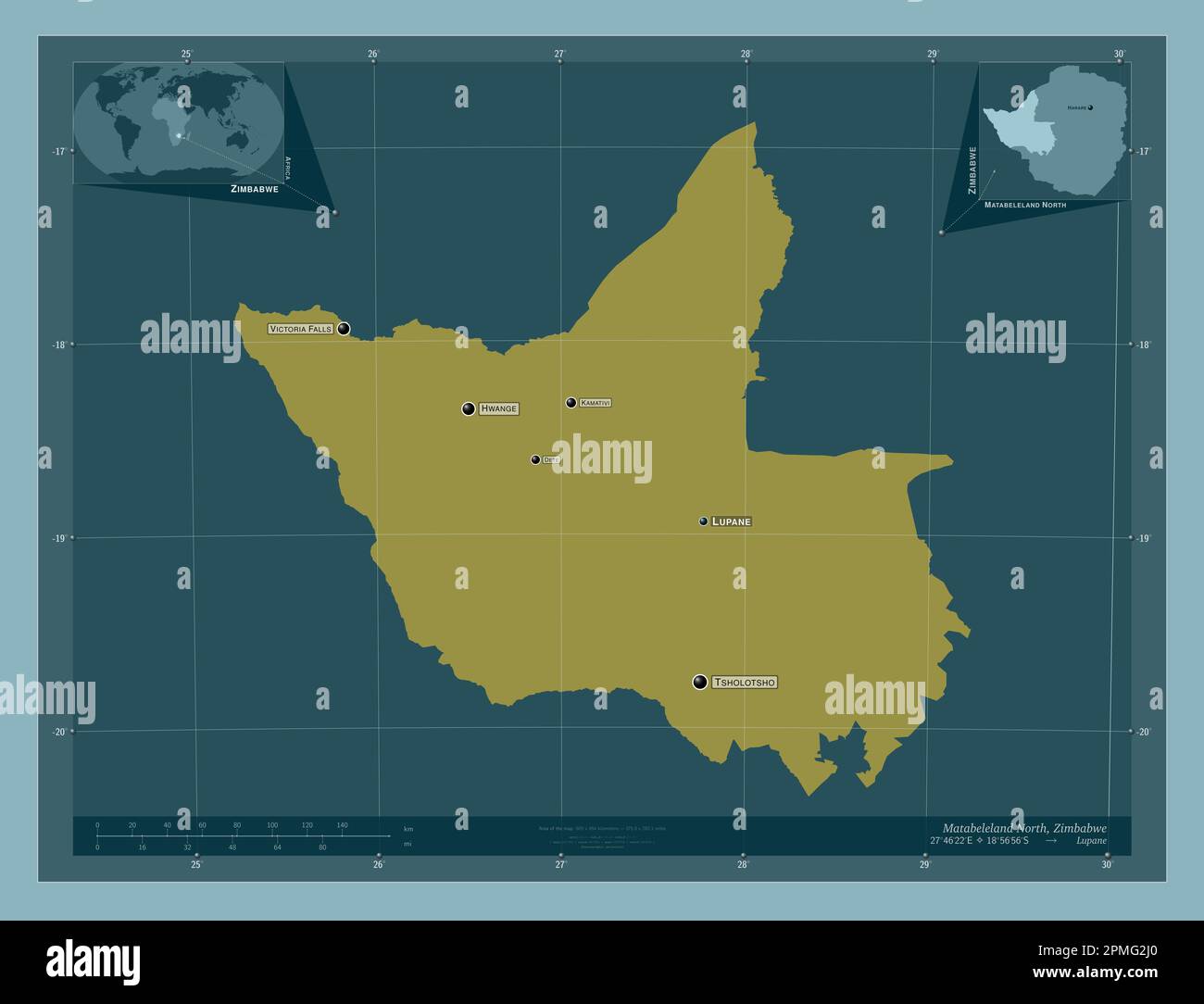 Matabeleland North, province of Zimbabwe. Solid color shape. Locations ...