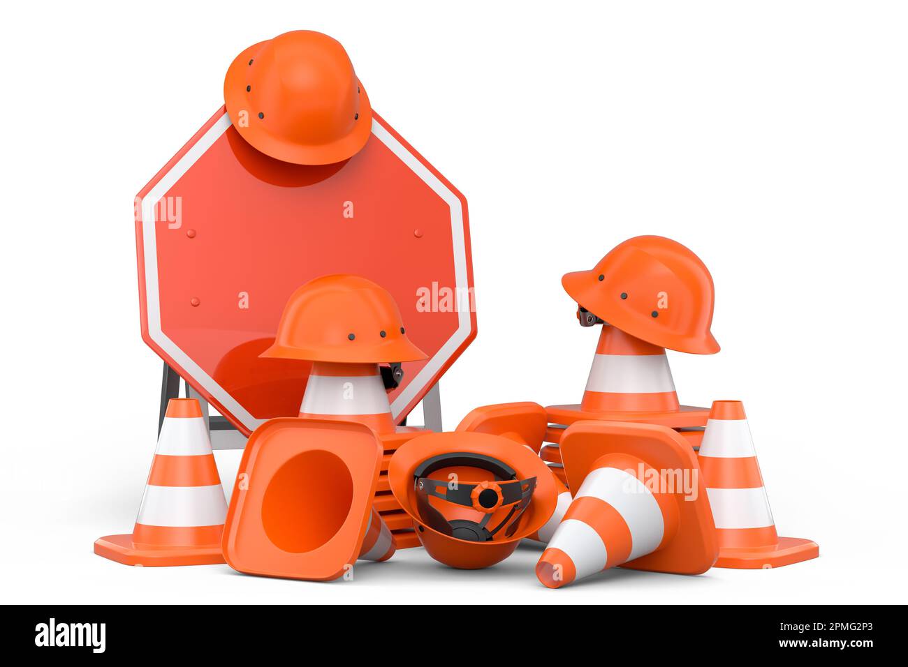 Set of safety helmets or hard hats and traffic cones, road sign for ...