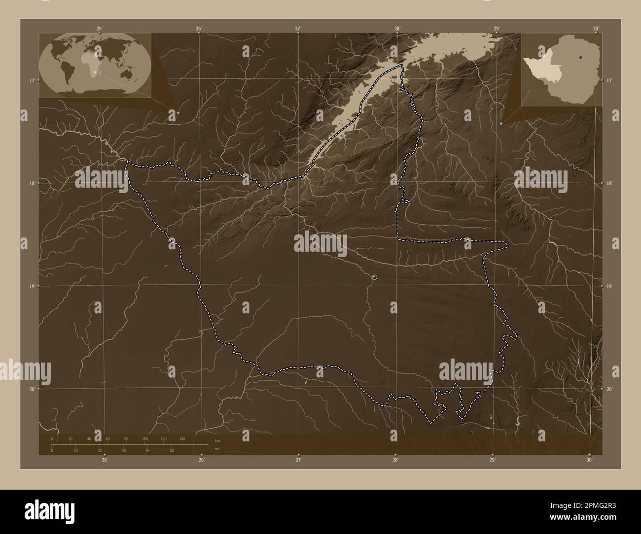 Matabeleland North, province of Zimbabwe. Elevation map colored in ...
