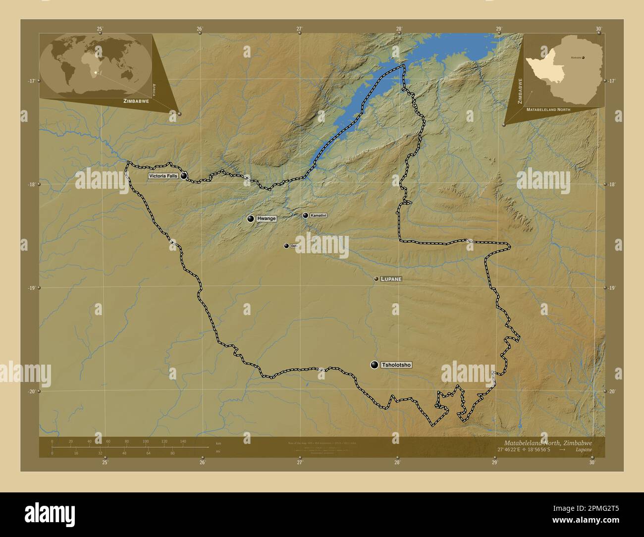 Matabeleland North, province of Zimbabwe. Colored elevation map with ...