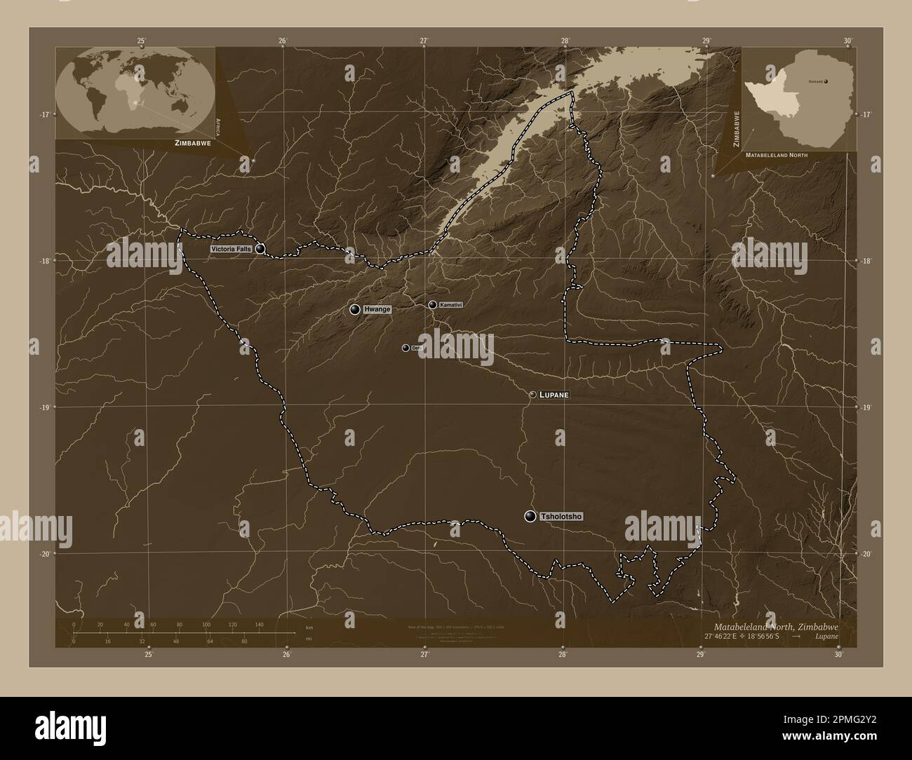 Matabeleland North, province of Zimbabwe. Elevation map colored in ...