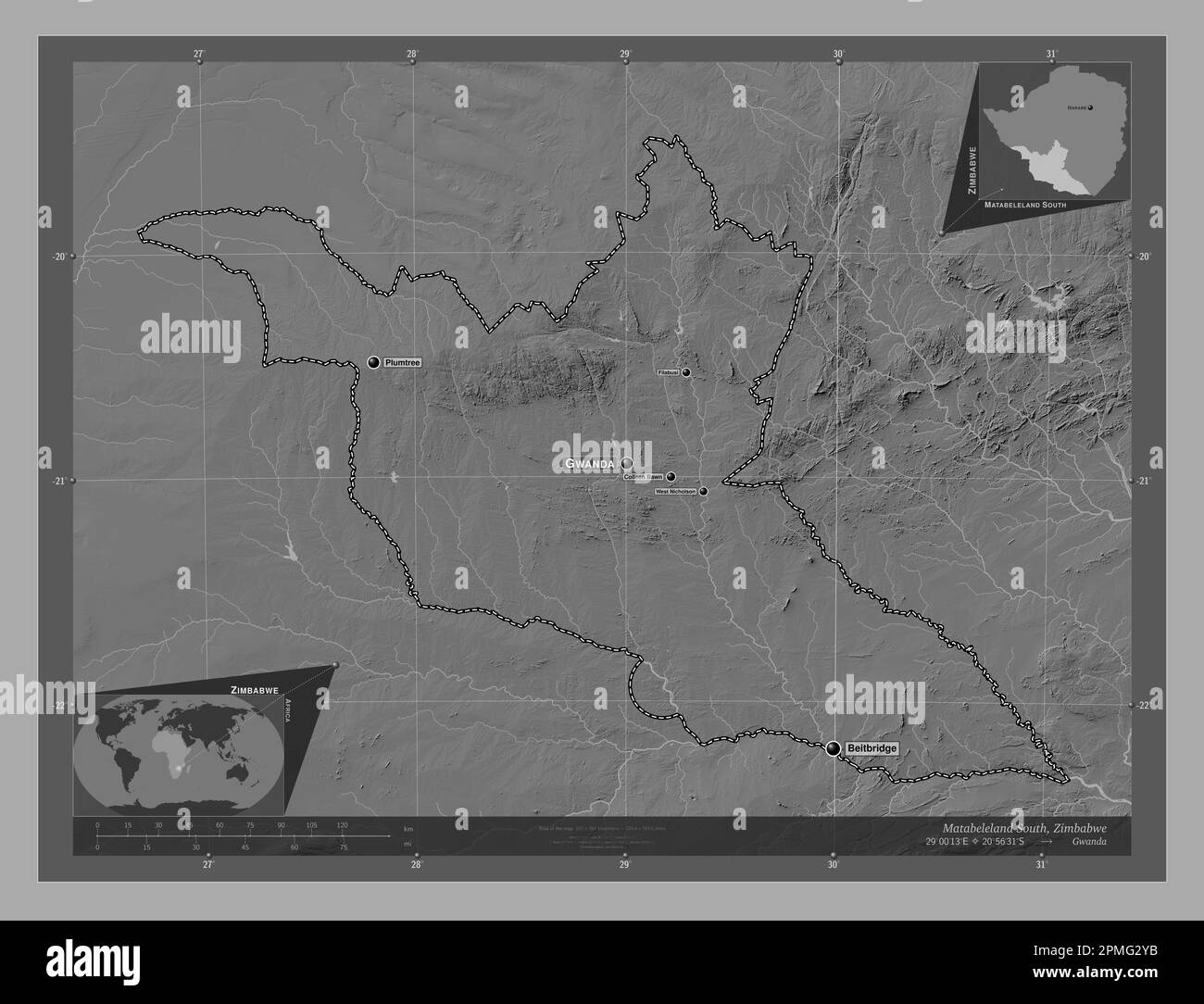 Matabeleland South, province of Zimbabwe. Bilevel elevation map with ...