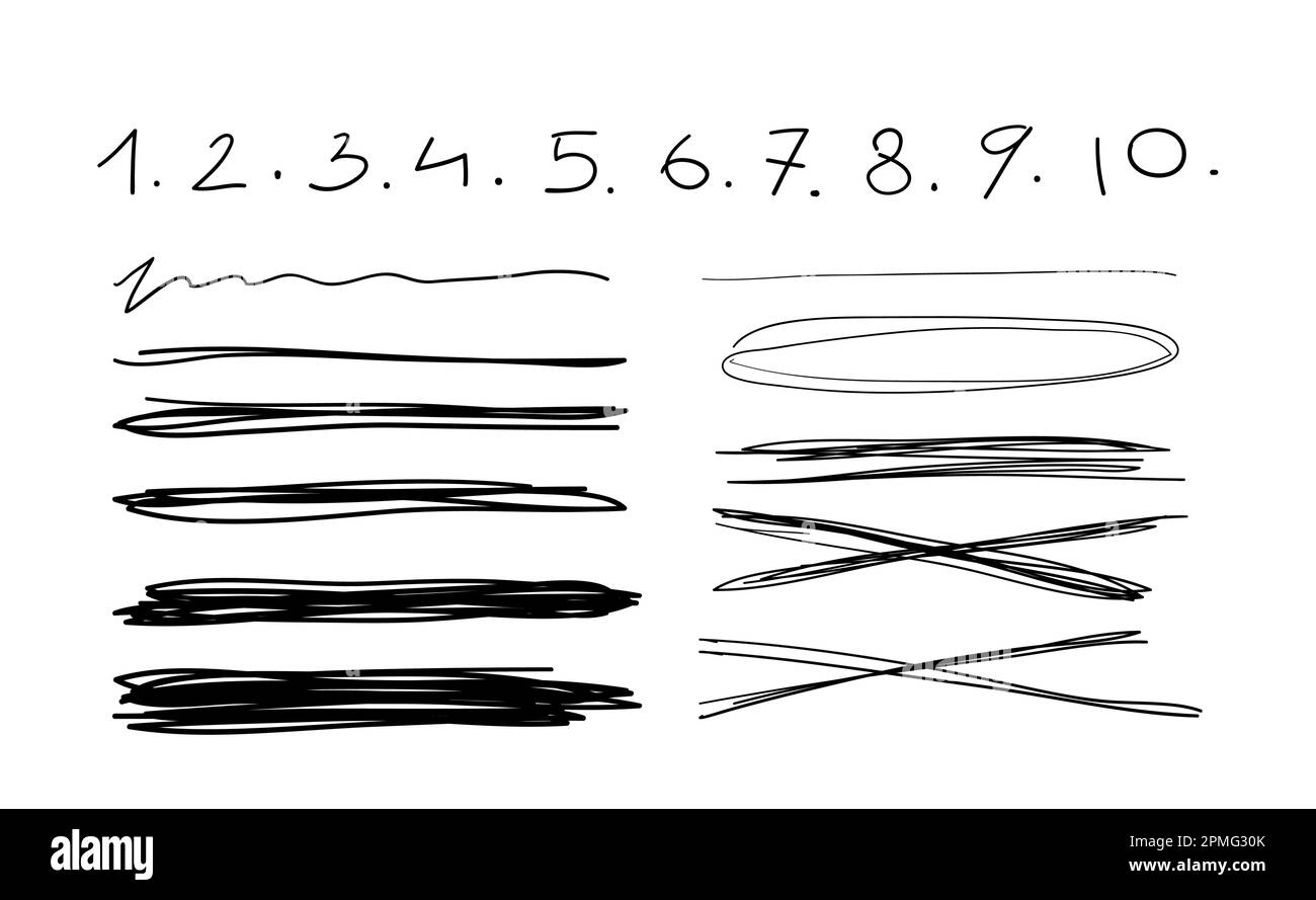 Collection of hand drawn scribbles and numbers, underline with marker ...
