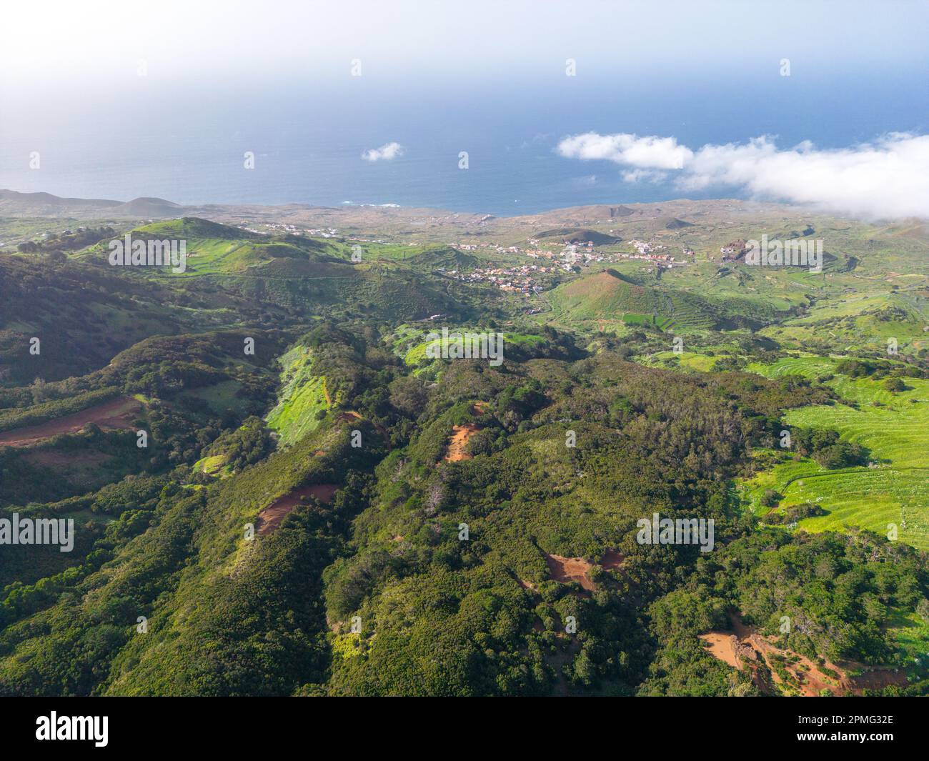 Aerial View at Green Volcanic Hills near Villa de Valverde at El Hierro ...
