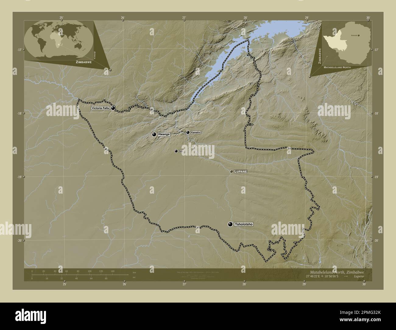 Matabeleland North, province of Zimbabwe. Elevation map colored in wiki ...