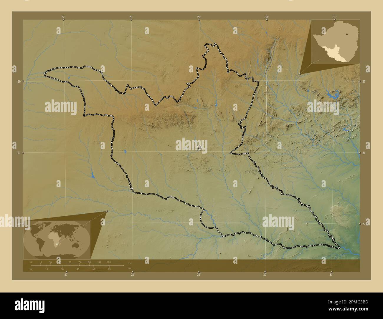 Matabeleland South, province of Zimbabwe. Colored elevation map with ...
