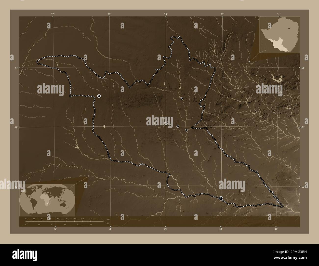 Matabeleland South, province of Zimbabwe. Elevation map colored in ...