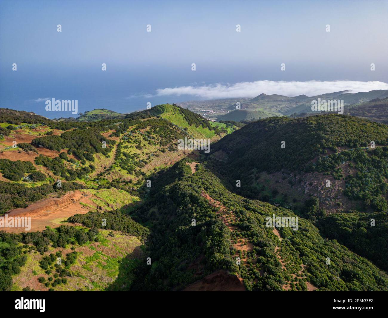 Aerial View at Green Volcanic Hills near Villa de Valverde at El Hierro ...