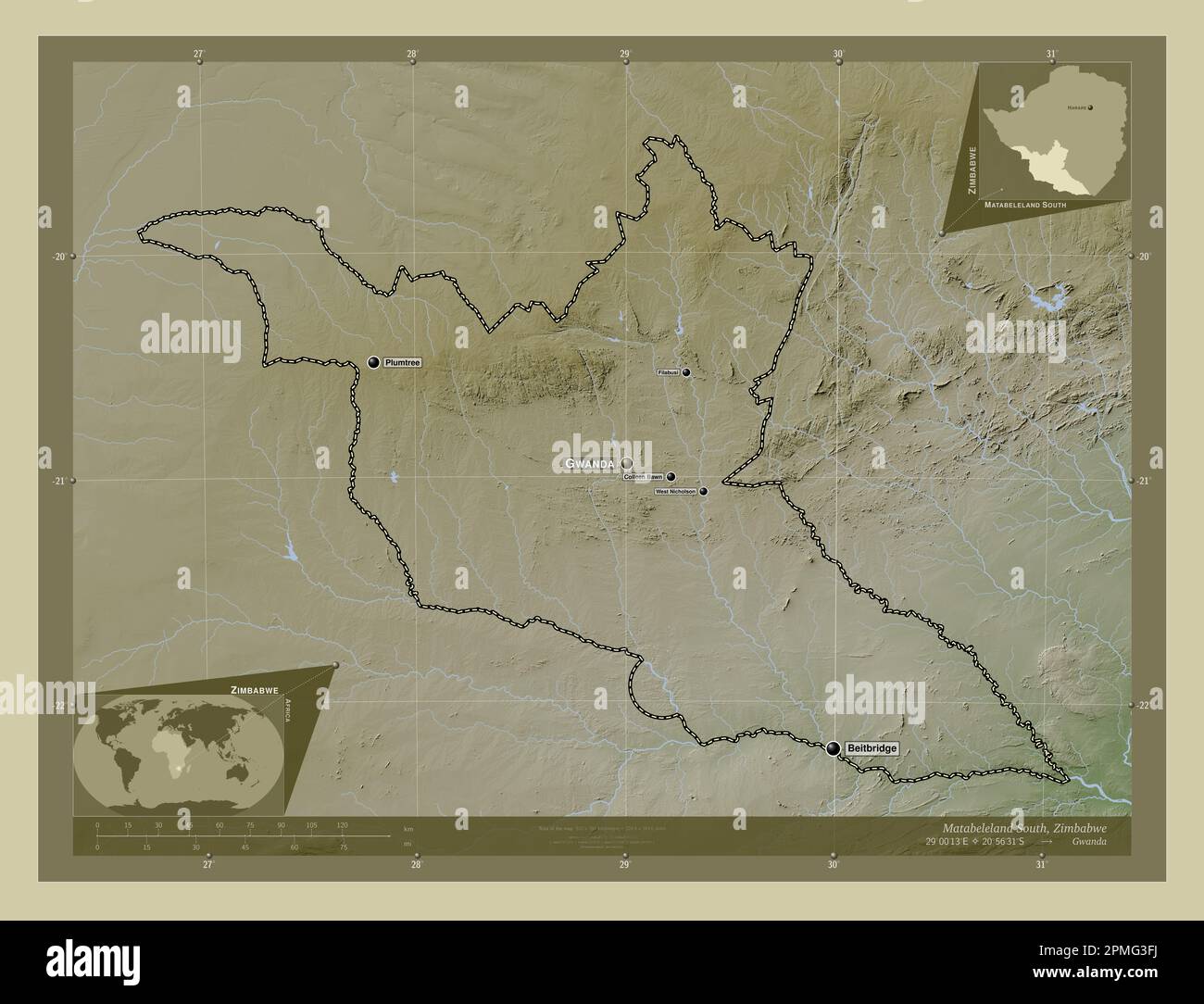 Matabeleland South, province of Zimbabwe. Elevation map colored in wiki ...