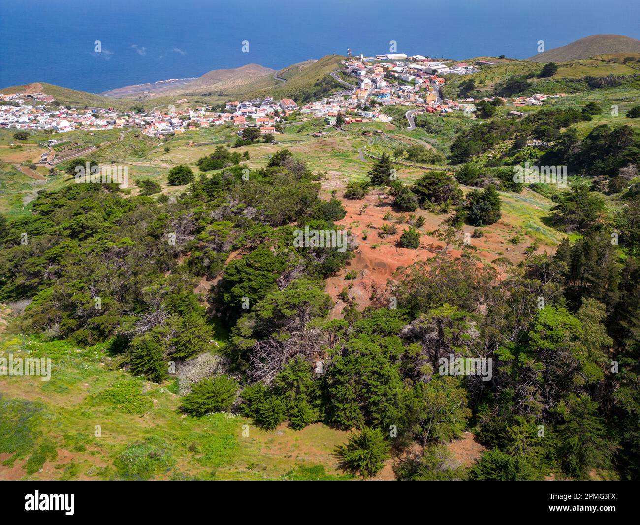 Aerial View at Green Volcanic Hills near Villa de Valverde at El Hierro ...