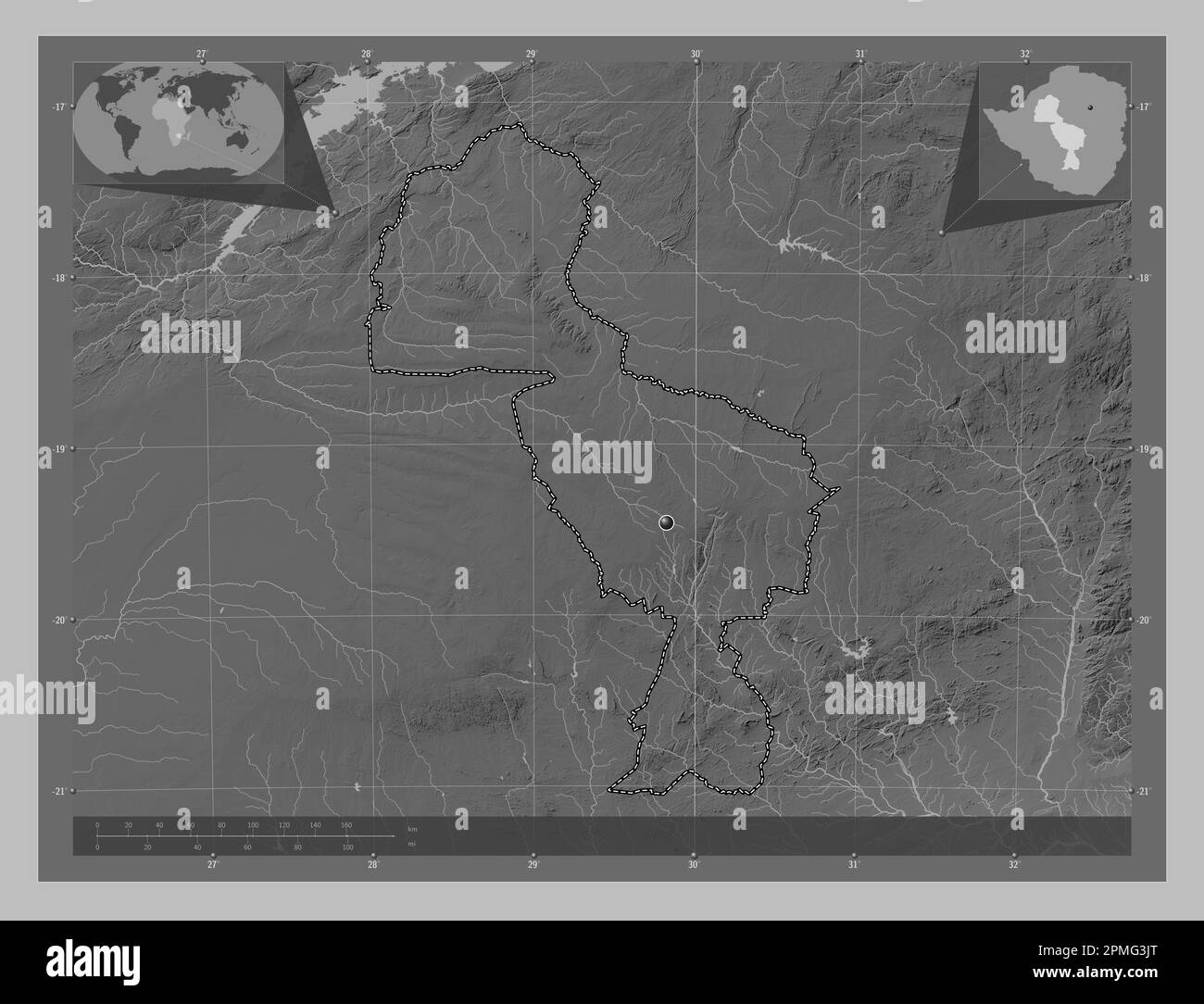 Midlands, province of Zimbabwe. Grayscale elevation map with lakes and ...