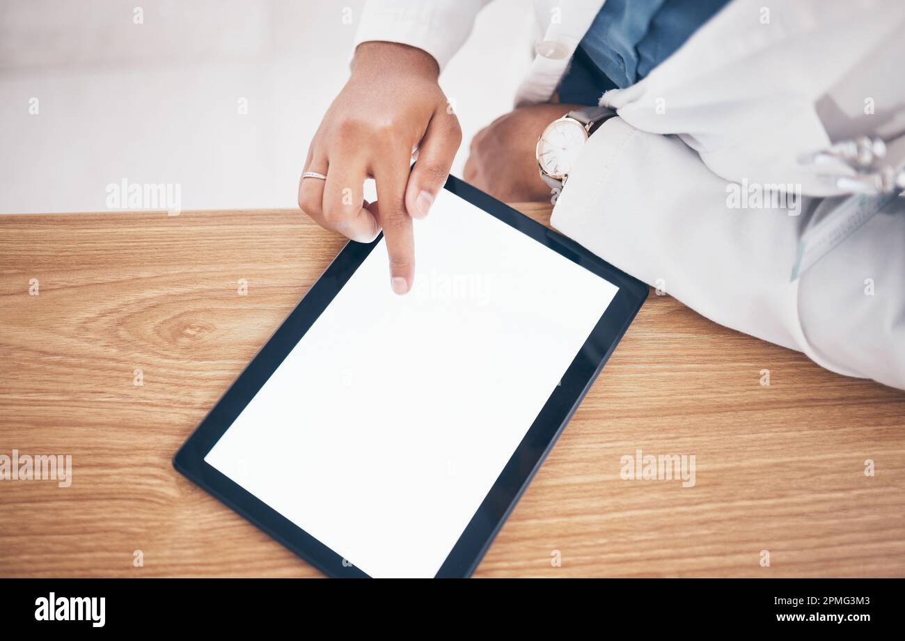 Tablet mockup, woman or hand of doctor typing to search for healthcare ...