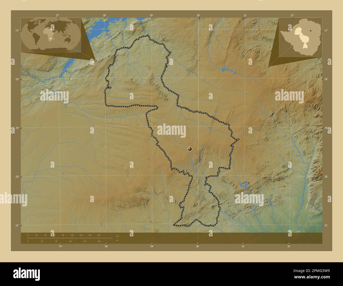 Midlands, province of Zimbabwe. Colored elevation map with lakes and ...
