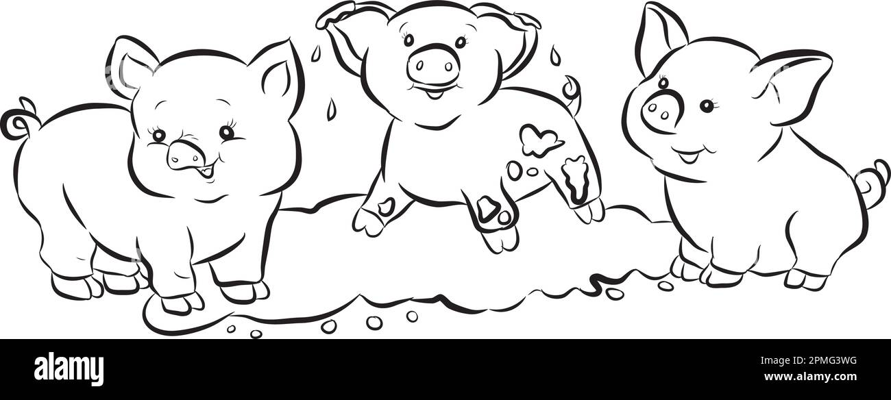 Black and White Cartoon Three Pigs Stock Vector Image & Art - Alamy