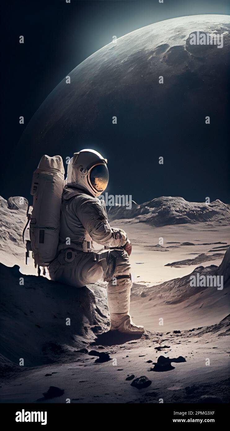 Astronaut sat on the lunar surface observing the universe. Cosmonaut ...