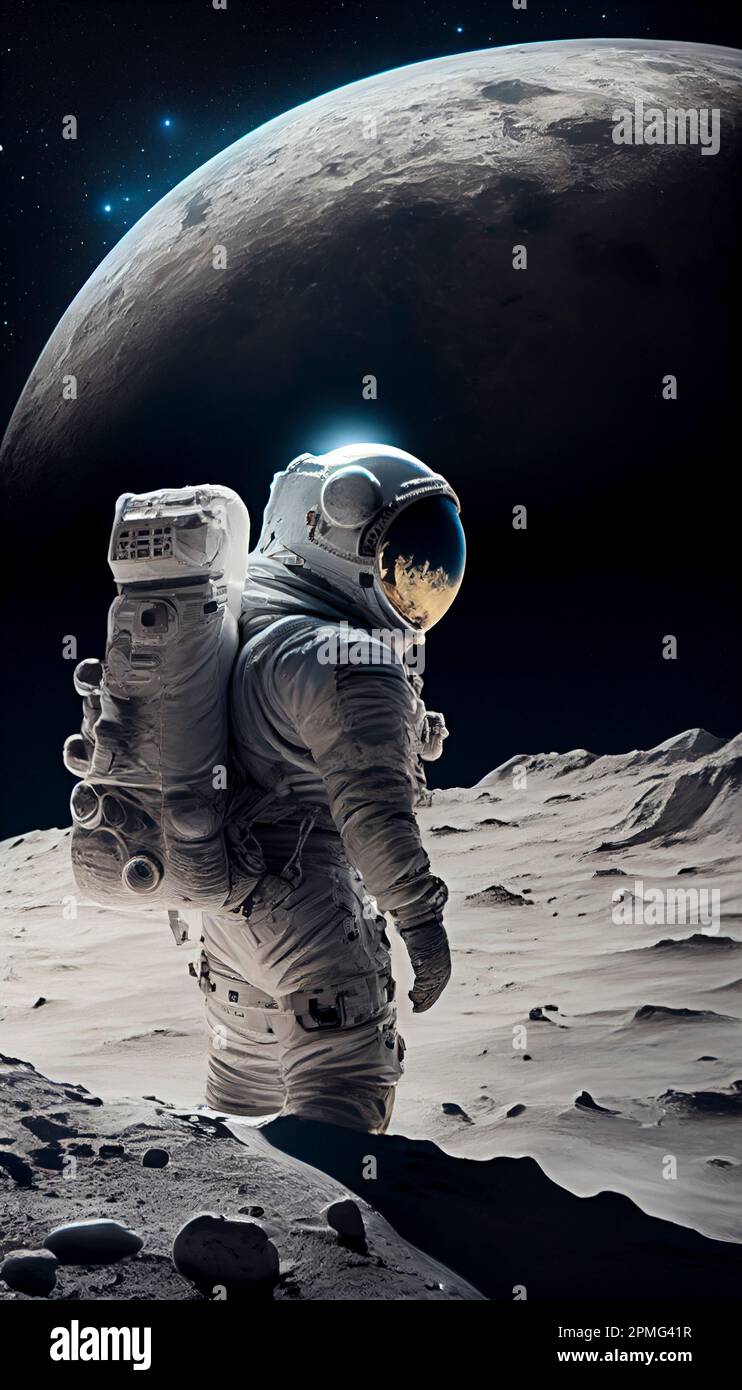 Astronaut sat on the lunar surface observing the universe. Cosmonaut ...