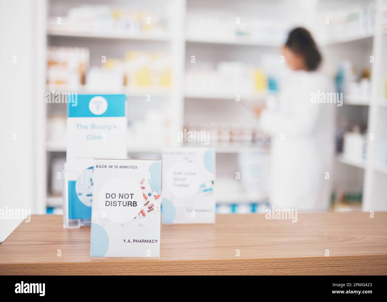 Employee break, pharmacy sign and shop poster of an busy retail board ...