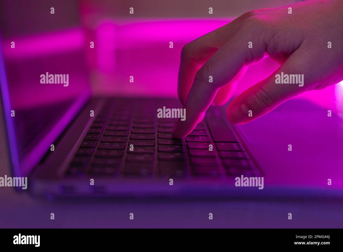 Person typing at laptop computer at night. Female uses keyboard, shakes ...