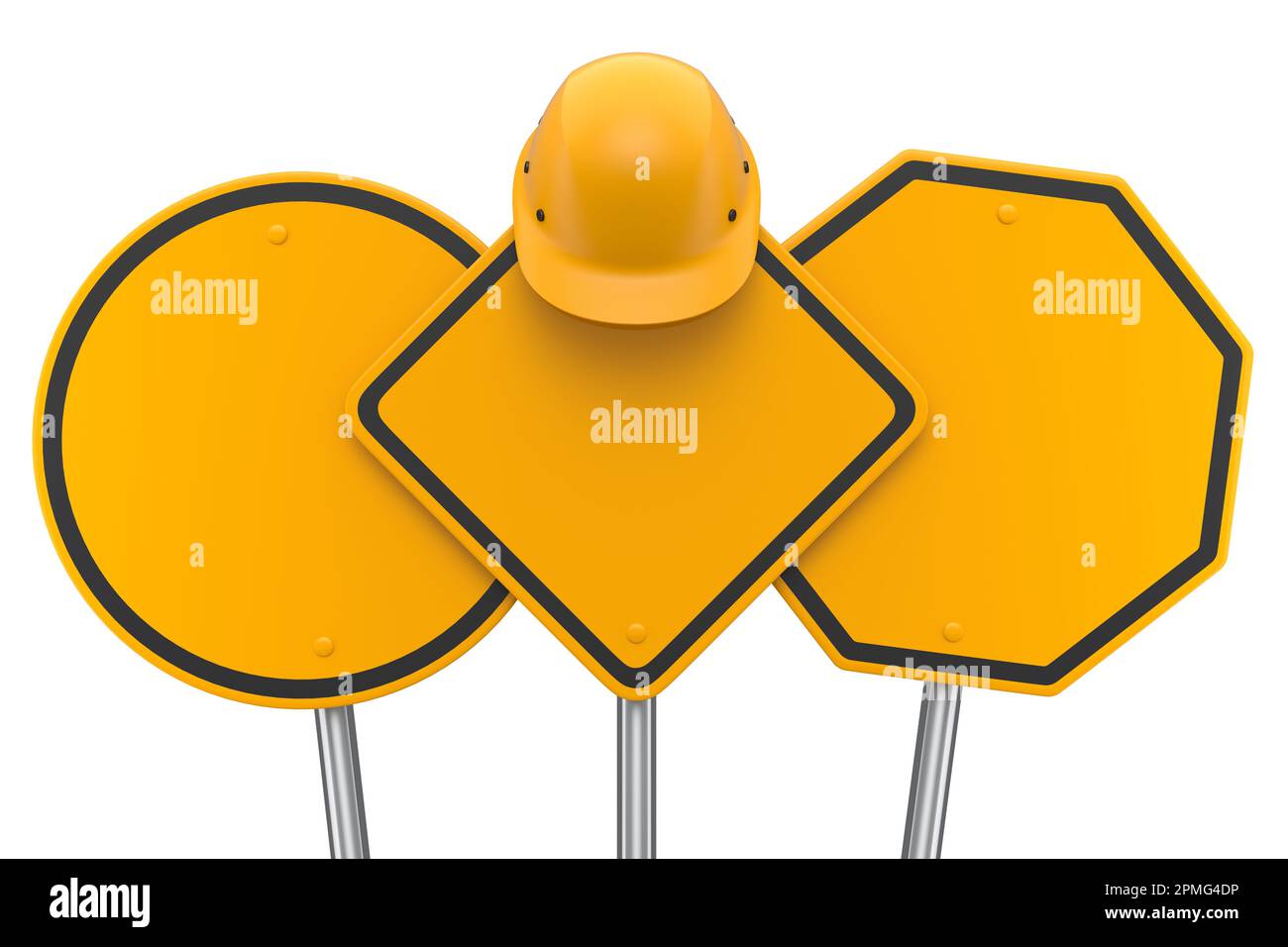 Set of safety helmet or hard hat on road traffic signs on pole isolated ...