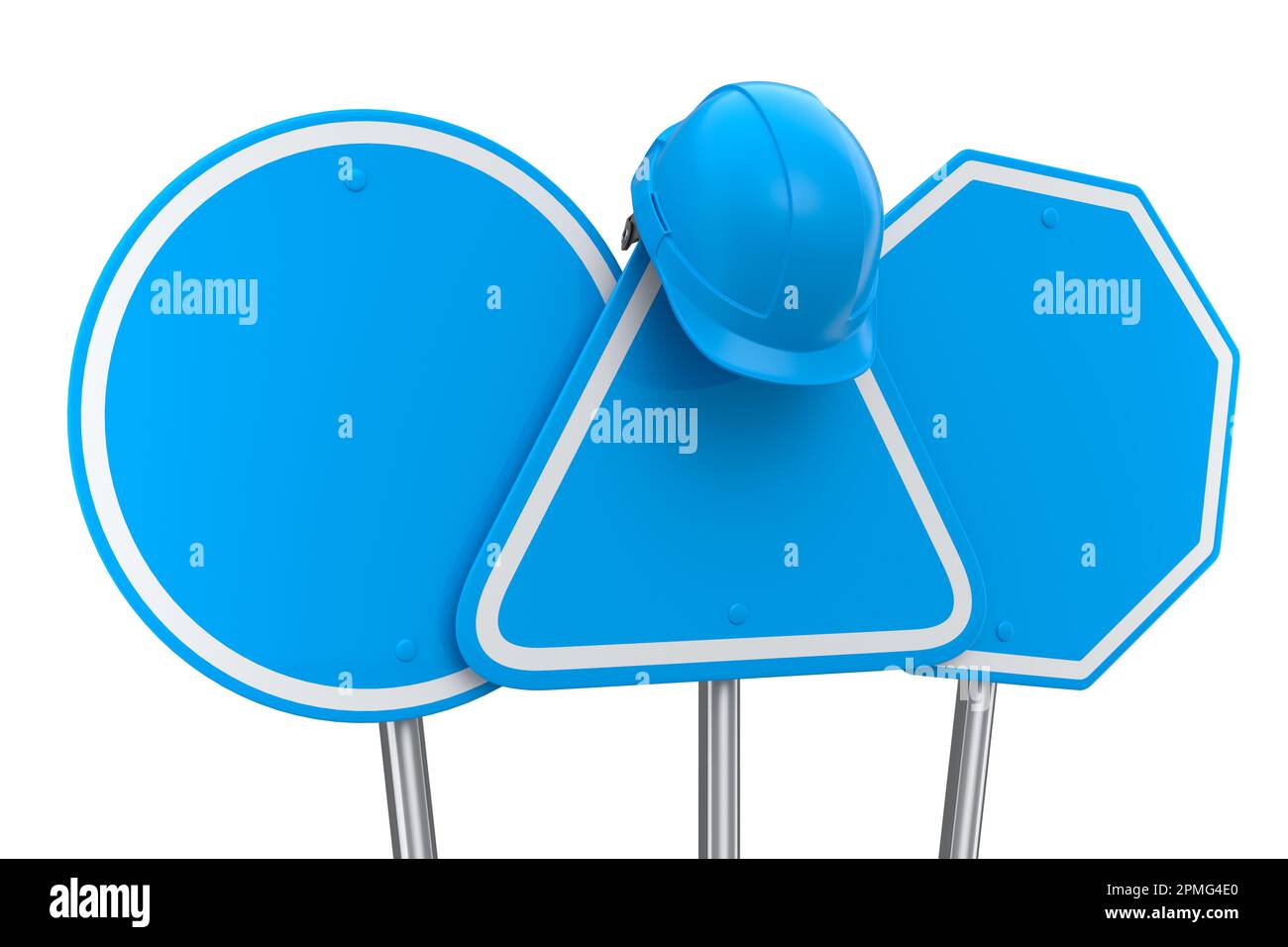 Set of safety helmet or hard hat on road traffic signs on pole isolated ...