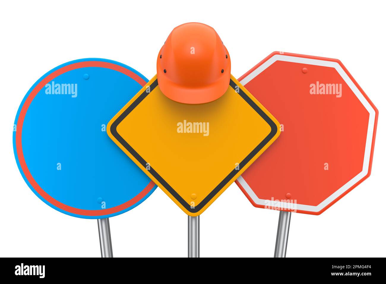 Set of safety helmet or hard hat on road traffic signs on pole isolated ...
