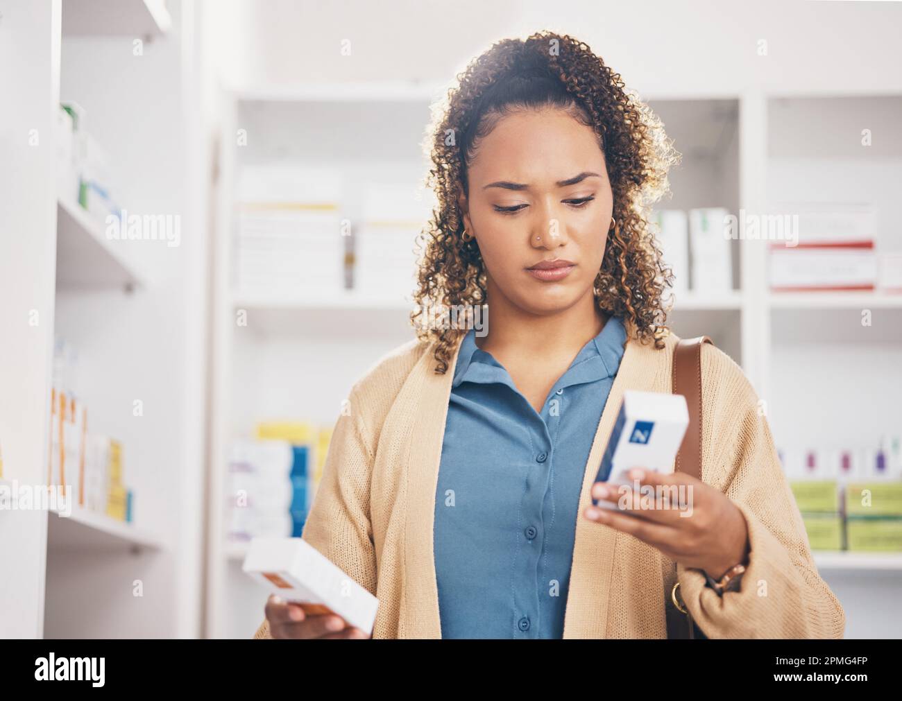 Pharmacy, confused woman or customer with medicine or healthcare ...