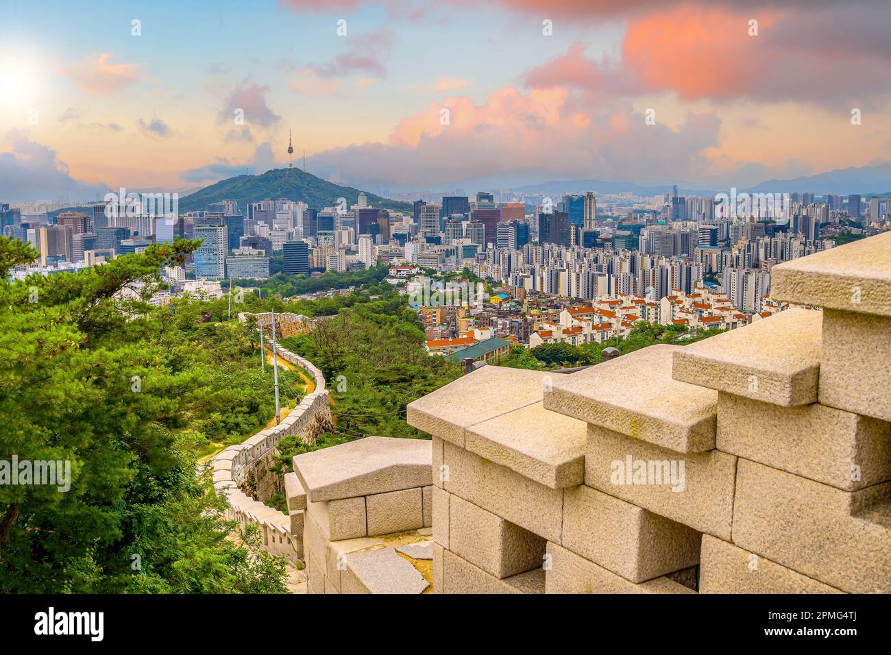 Downtown Seoul city skyline, cityscape of South Korea at sunset Stock ...