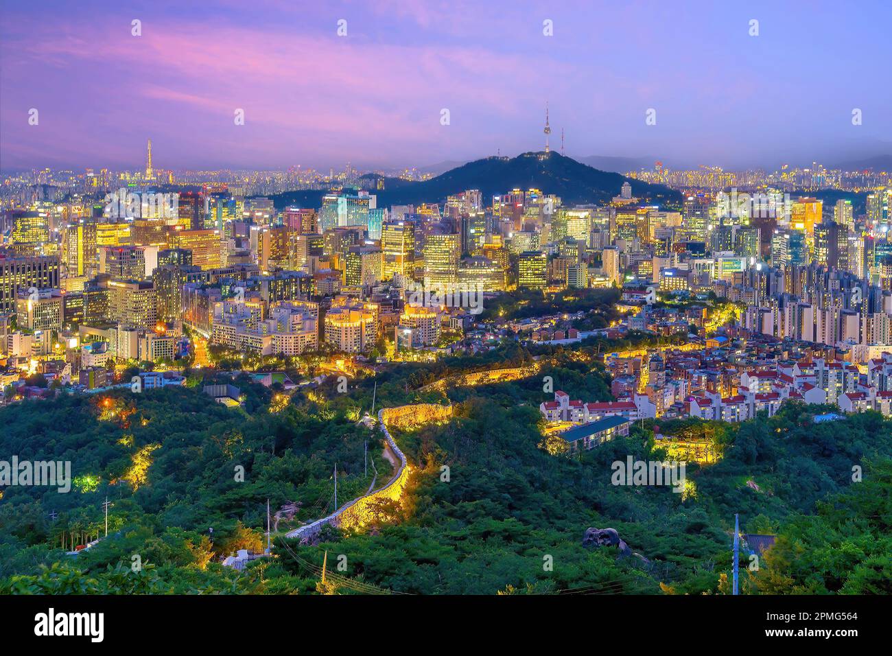 Downtown Seoul city skyline, cityscape of South Korea at sunset Stock ...