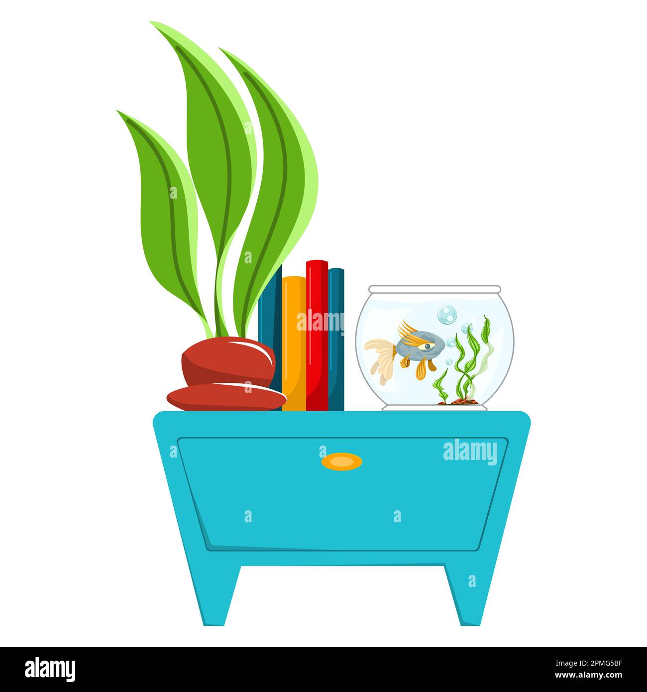 Cartoon beside cabinet with books, home plant and aquarium. Bedroom ...
