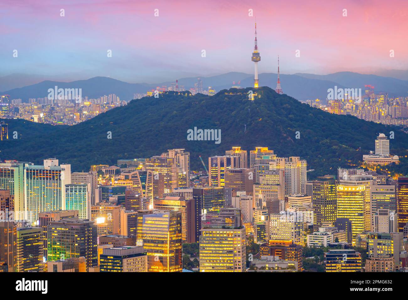Downtown Seoul city skyline, cityscape of South Korea at sunset Stock ...