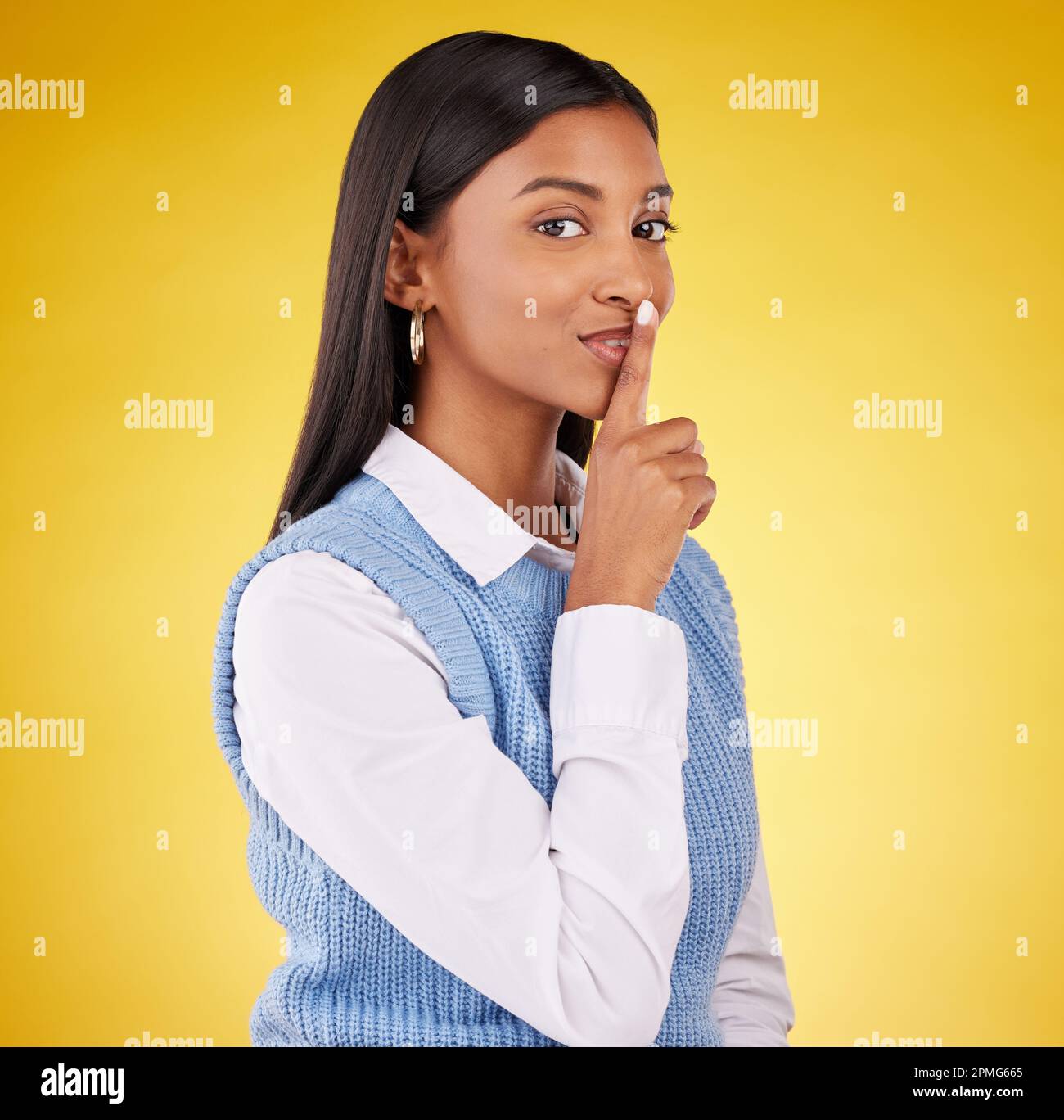 Secret, woman portrait and studio with gossip, news and emoji with ...