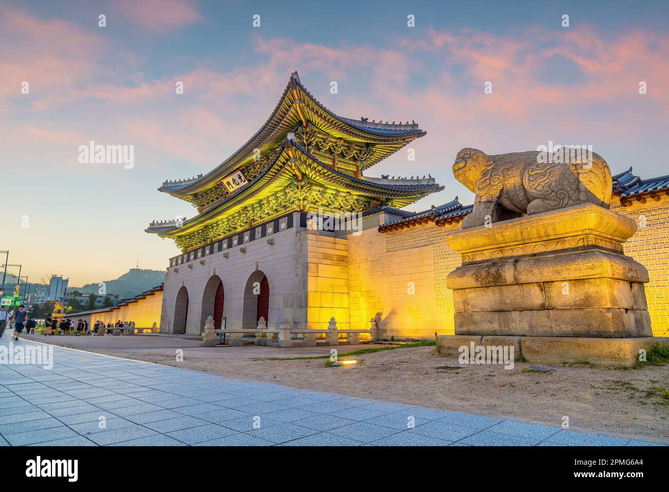 Gyeongbokgung Palace in downtown Seoul at sunset in South Korea Stock ...