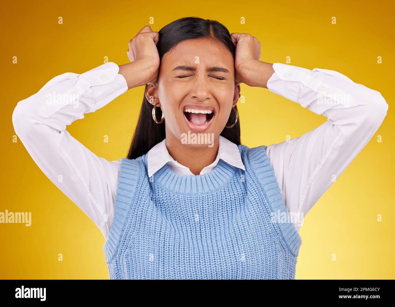 Frustrated, headache and woman with stress, depression and anxiety ...