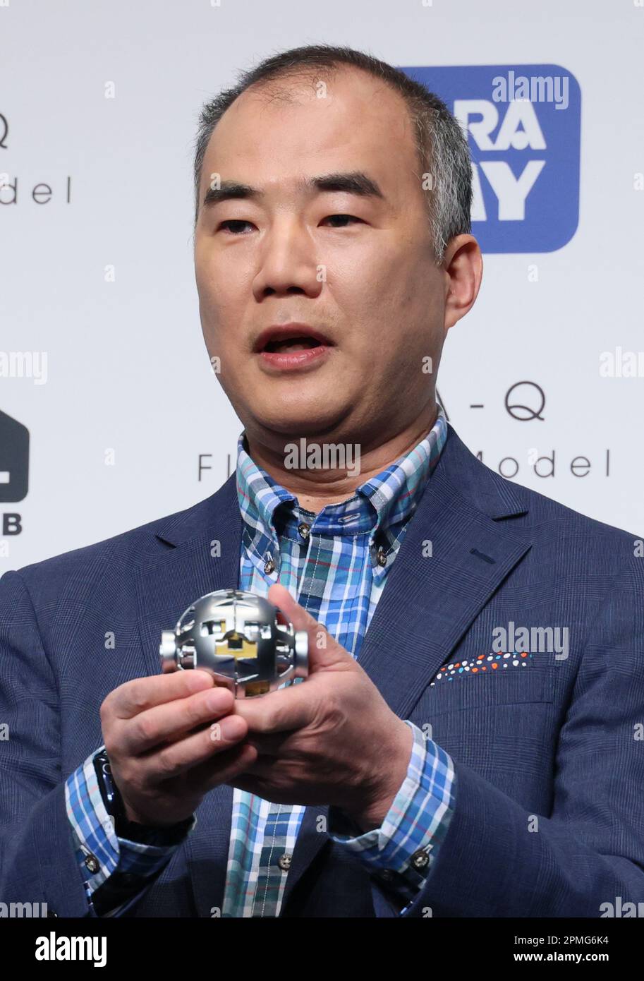 Tokyo, Japan. 13th Apr, 2023. Former Japanese astronaut Soichi Noguchi displays "Sora-Q Flagship ...