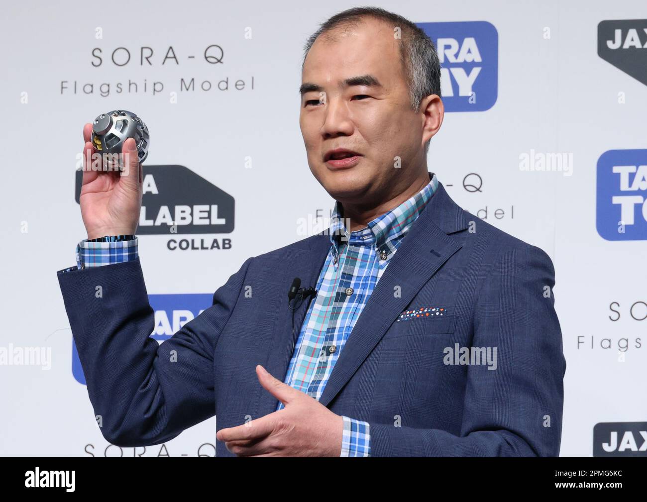 Tokyo, Japan. 13th Apr, 2023. Former Japanese astronaut Soichi Noguchi displays "Sora-Q Flagship ...