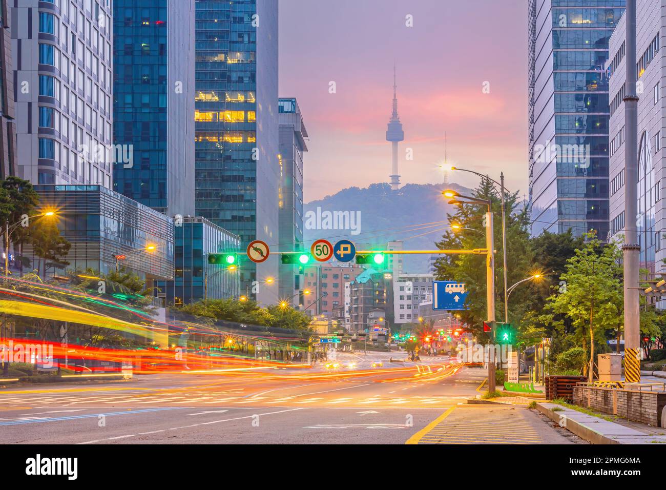 Downtown Seoul city skyline, cityscape of South Korea at sunrise Stock ...
