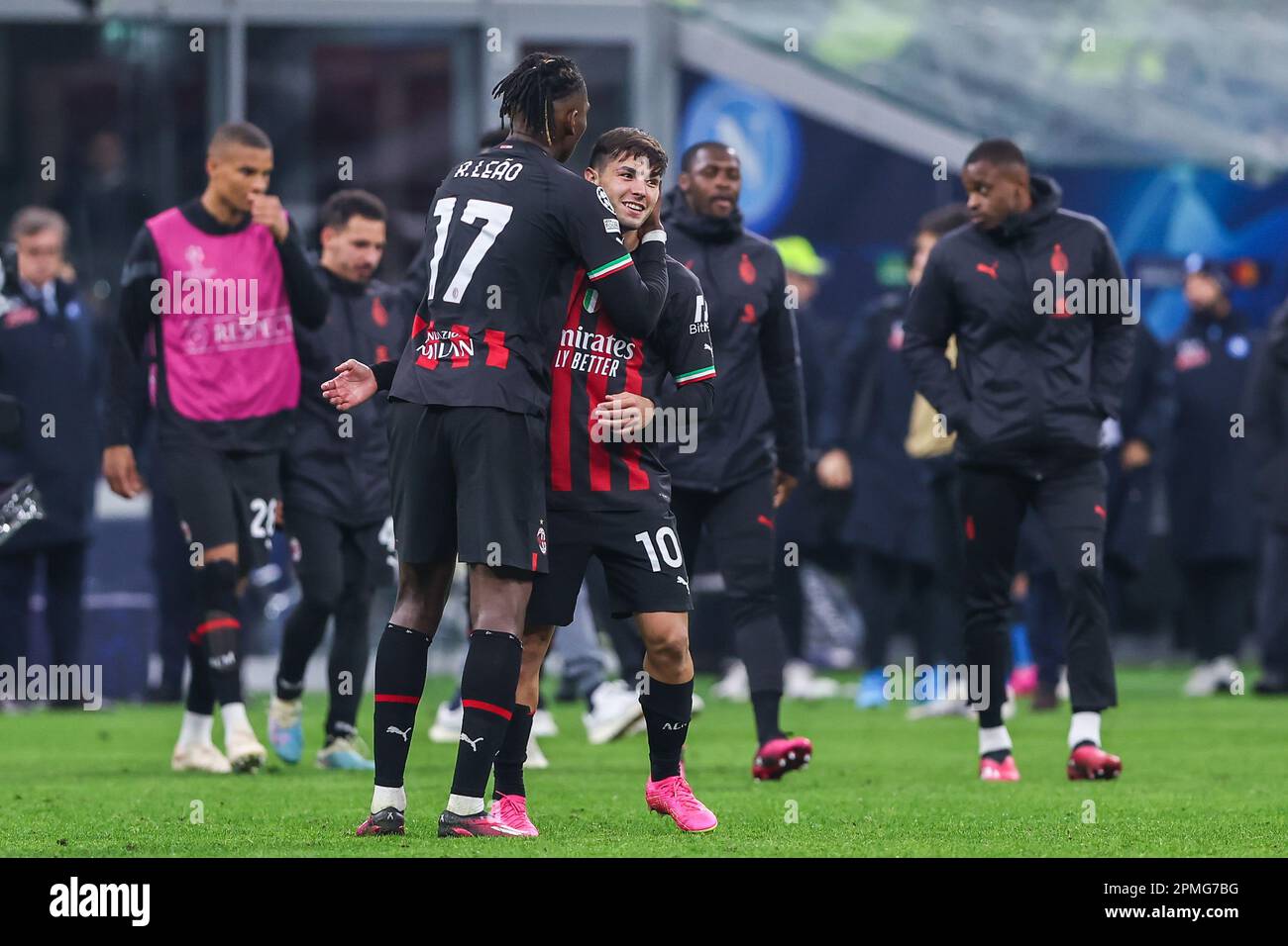 Milan, Italy. 12th Apr, 2023. Brahim Diaz of AC Milan (R) and Rafael ...