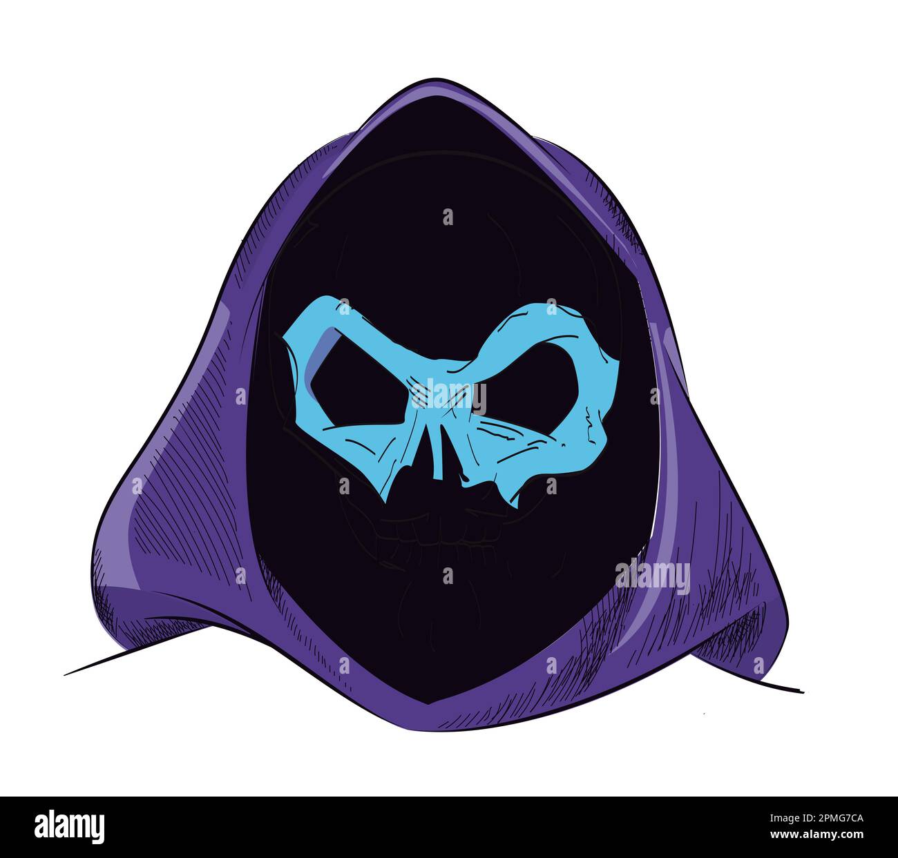 Character design with blue skull under light blue hood isolated on ...