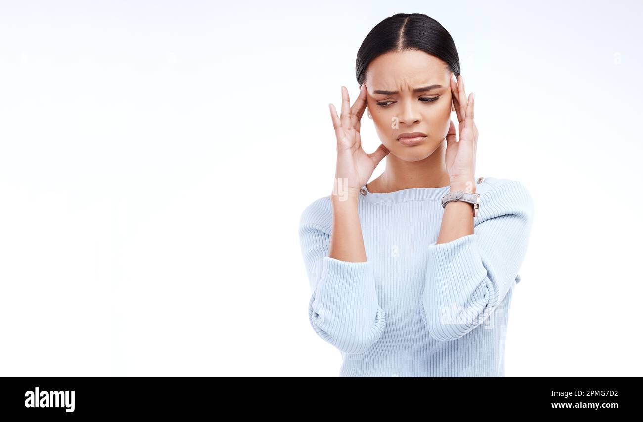 Sick, woman and pain of headache in white background, isolated studio ...