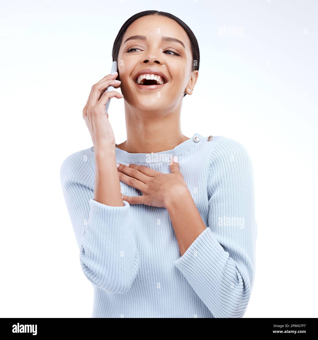 Woman with phone call, laughing and happiness with communication ...