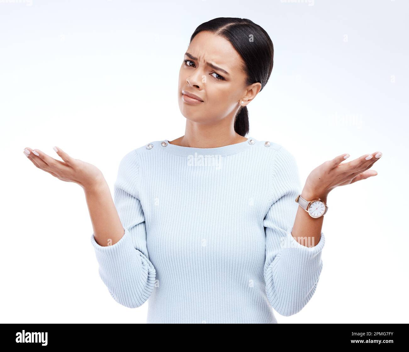 Portrait of confused woman shrug in studio, isolated white background ...