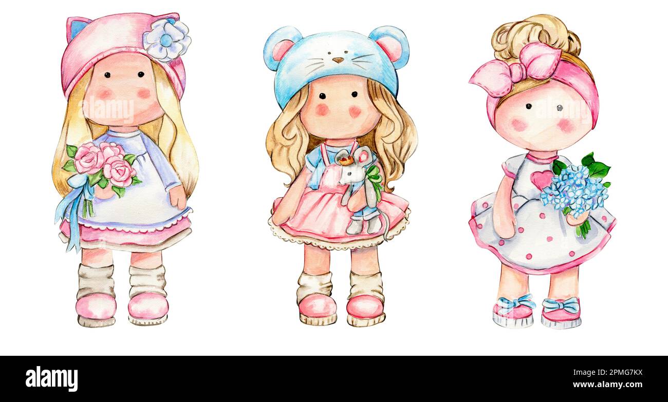 Watercolor hand drawn cute doll Tilda in dress set. Hand drawn ...