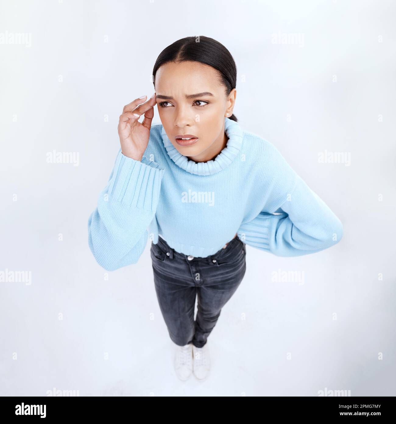 Thinking, above and woman in a studio feeling frustrated and confused ...