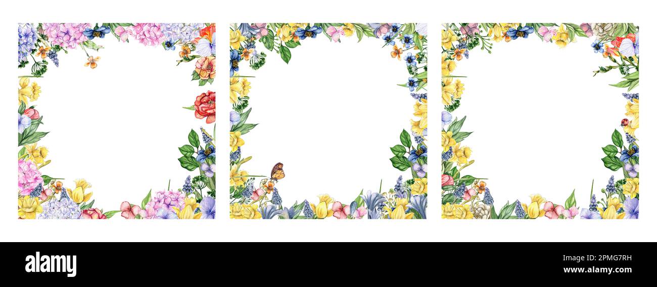 Watercolor hand drawn spring garden full of flowers square frame set ...