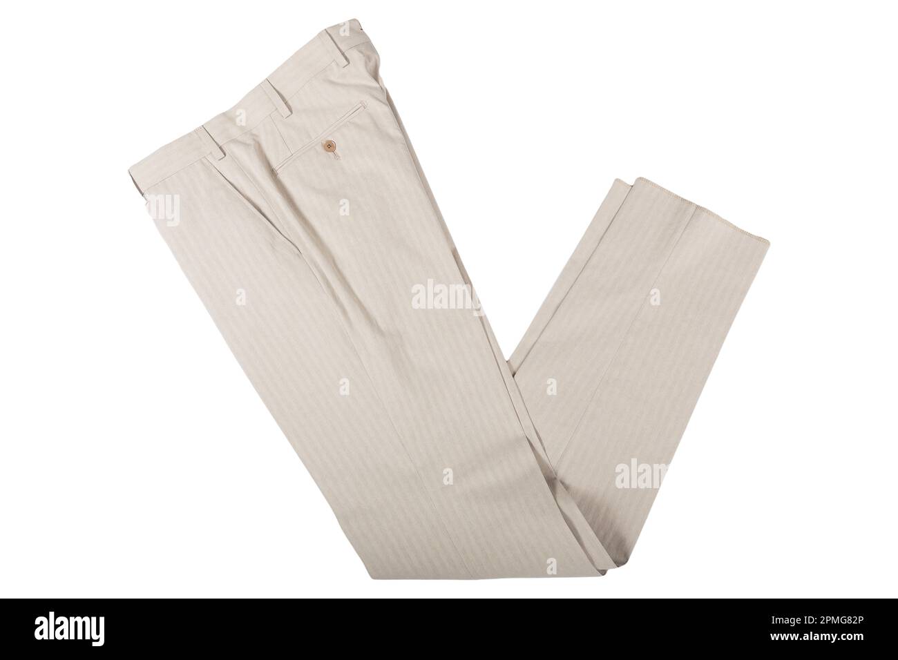 Flat lay still life with woman trousers resting on white background, no ...