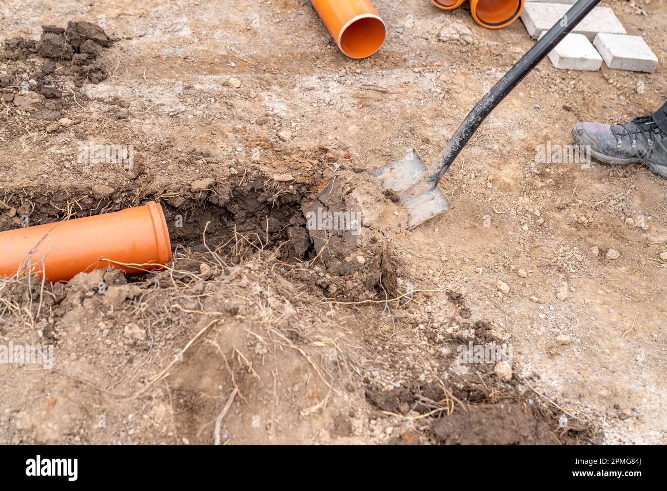 plastic pvc waste sewer pipe in the ground. construction site Stock ...