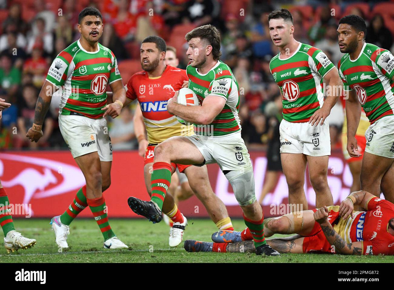 Jai Arrow of the Rabbitohs makes a run during the NRL Round 7 match ...