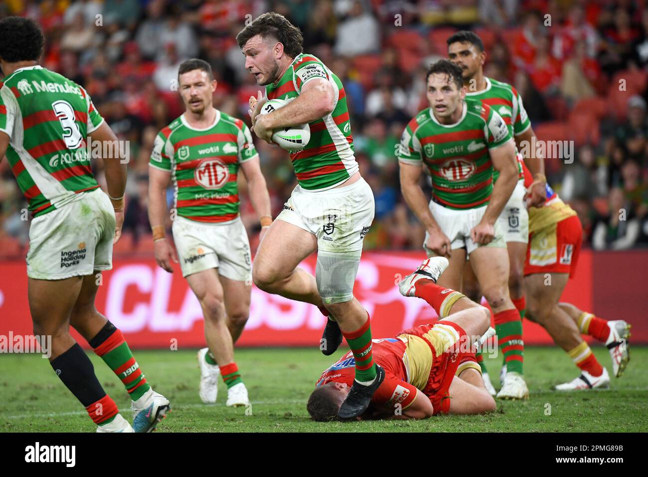 Jai Arrow of the Rabbitohs makes a run during the NRL Round 7 match ...