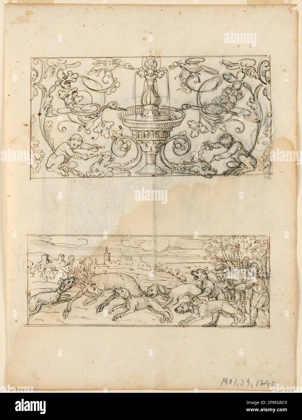 Drawing, Grotesque Designs and Hunt Scene; Italy; charcoal, pen and ink ...