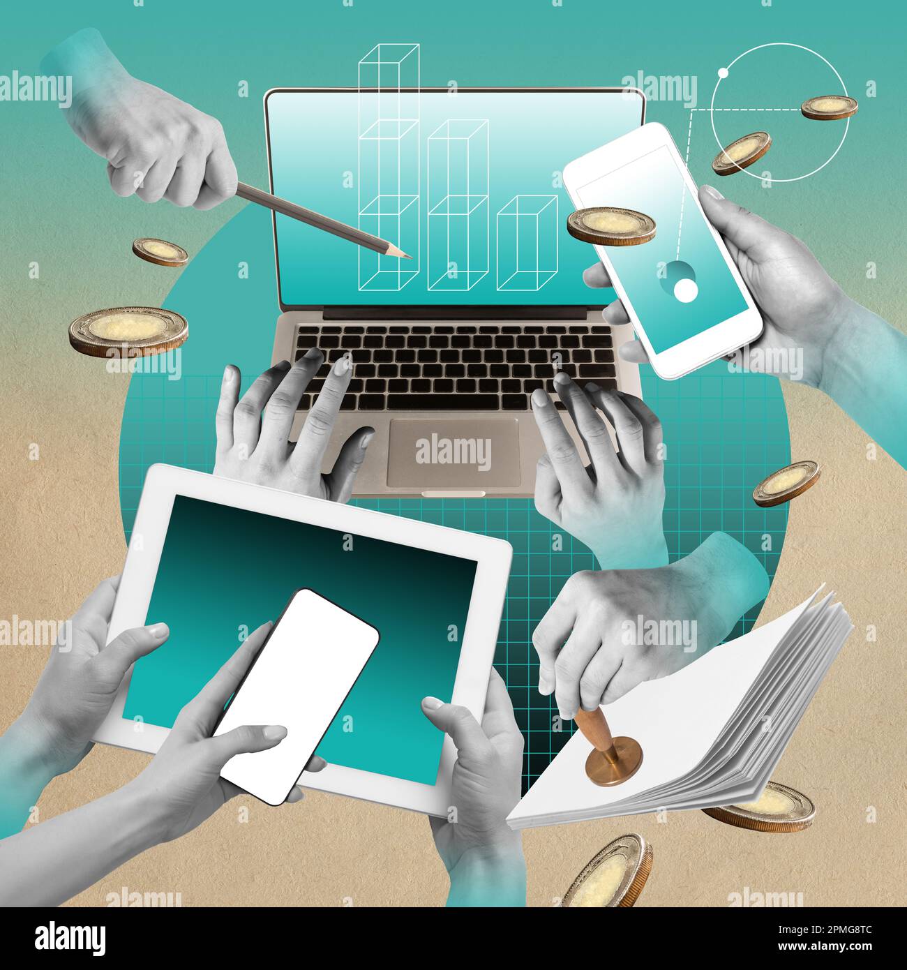 Human hands working with many gadgets, phone, laptop, tablets ...